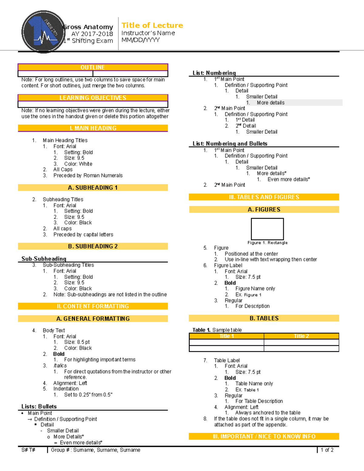 Gross Anatomy AY 1st Shifting Exam Lecture Outline Template - Studocu