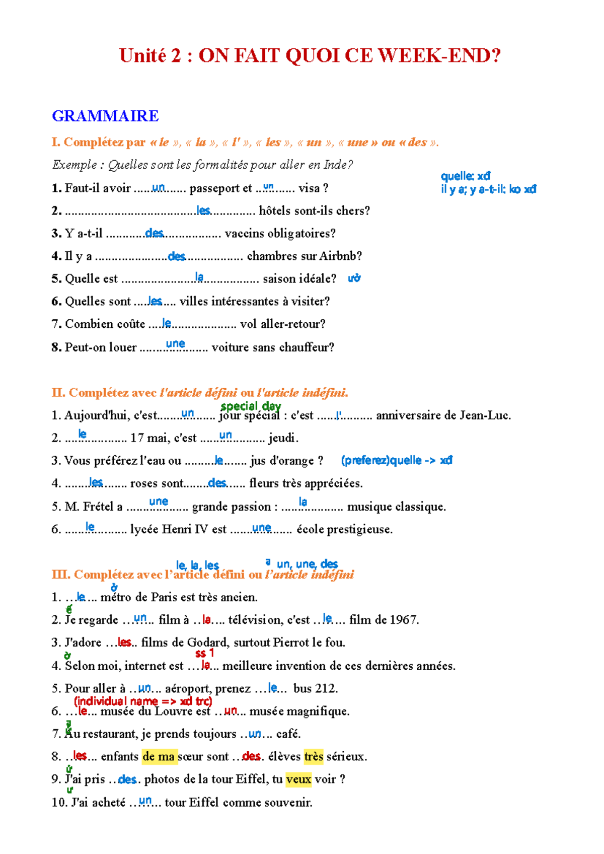 Unité 2 : Révision Grammaire A1 - Complétez les phrases en français ...