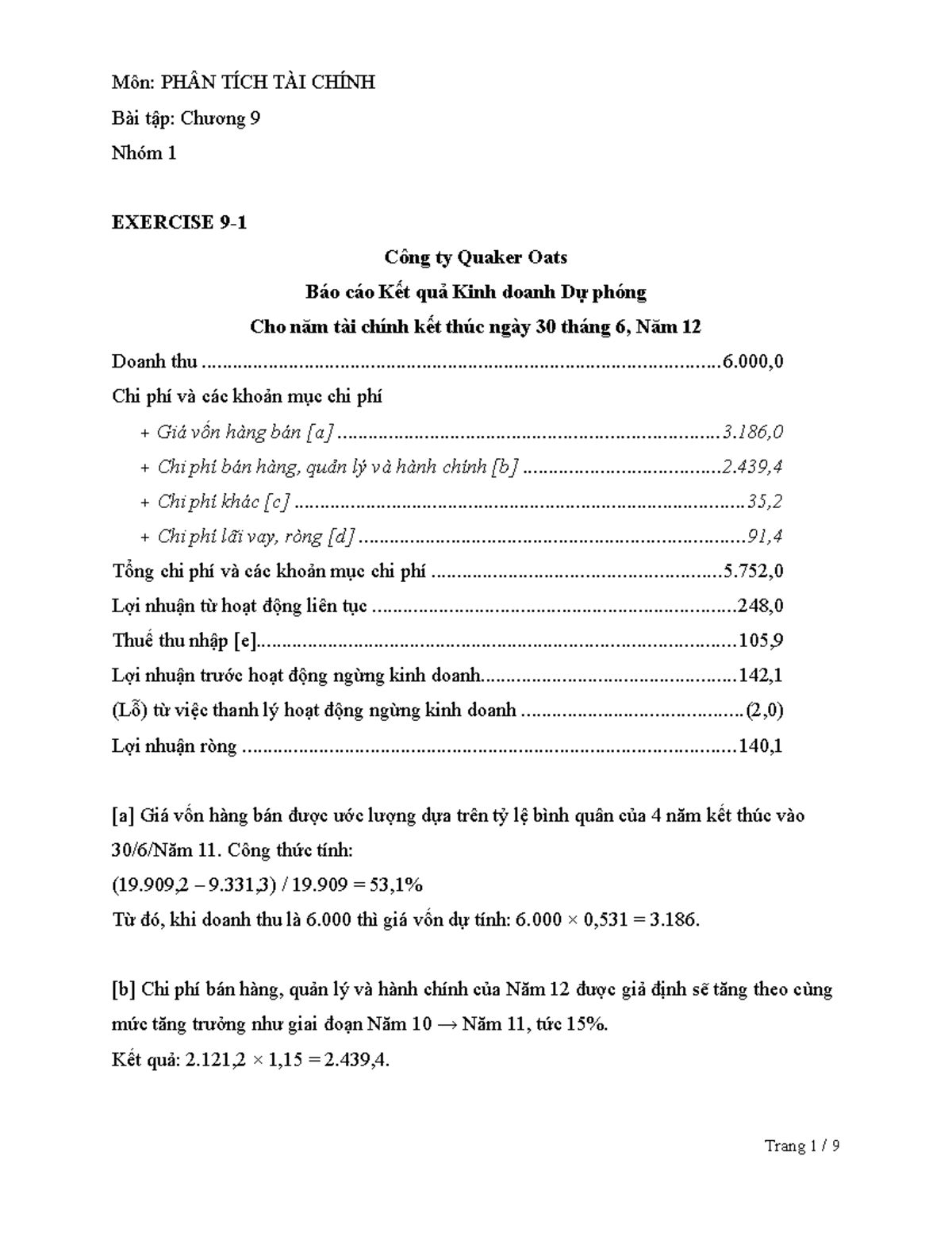 Bài Tập Chương 9: Phân Tích Tài Chính Công Ty Quaker Oats - Studocu