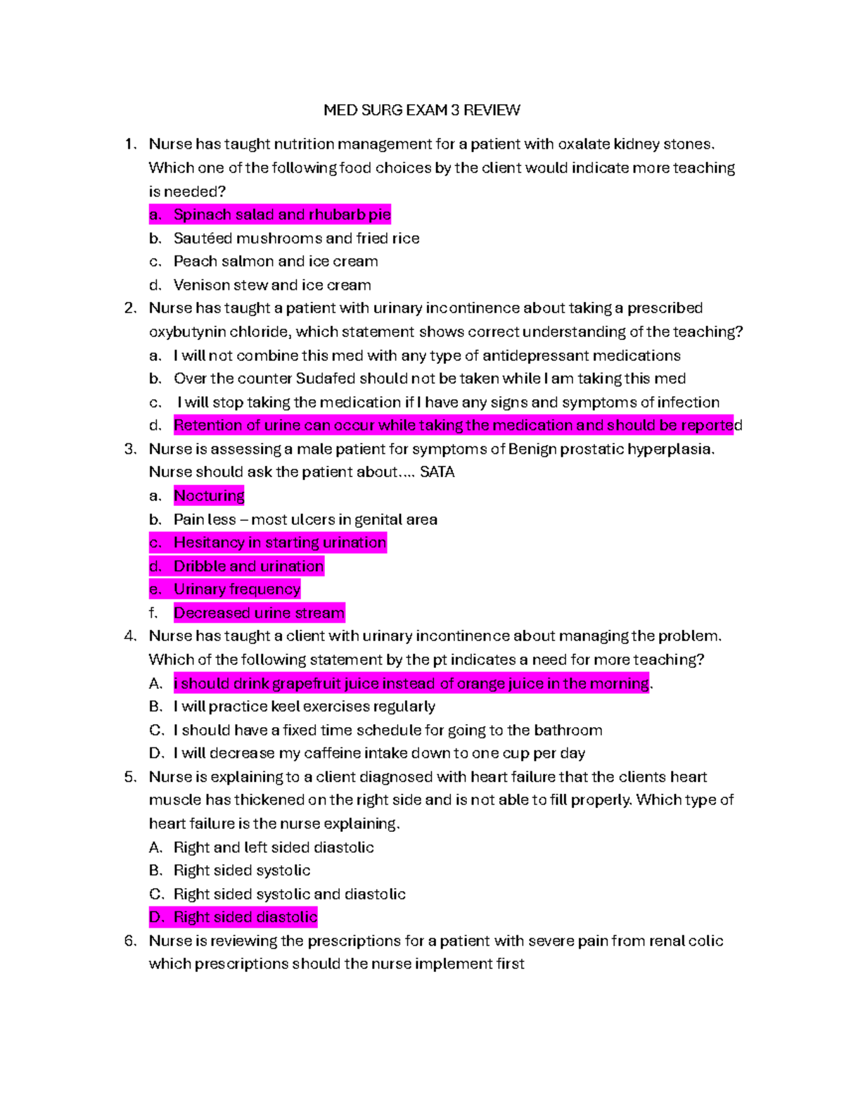 Med-Surg 3 Exam - Practice Questions for Review & Preparation - Studocu