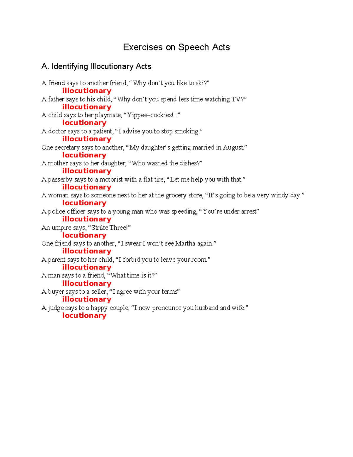 Exercises on Speech Acts (408099033) with Answers - Studocu