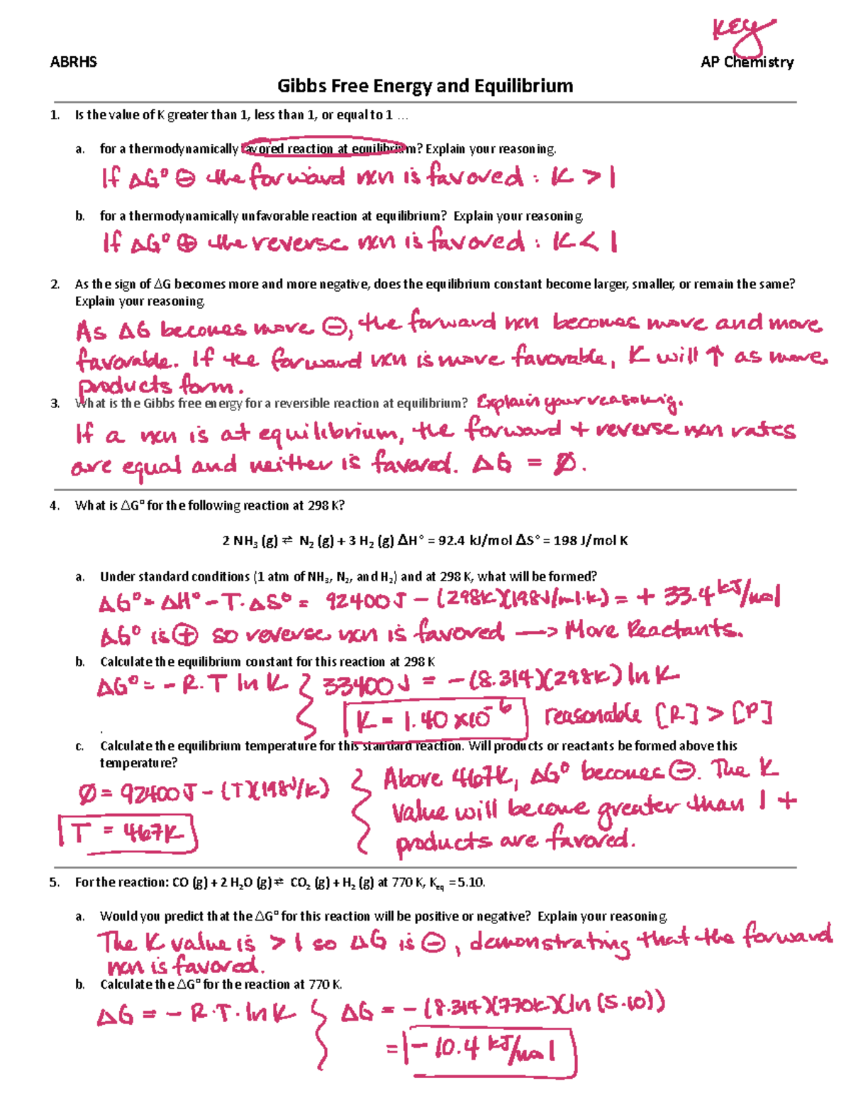 AP WK#03 Gibbs Free Energy and Equilibrium APN KEY - ABRHS AP Chemistry ...