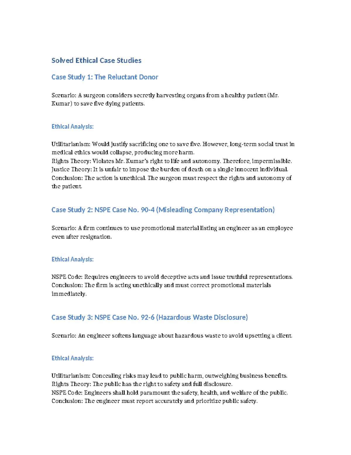 Solved Ethical Case Studies: Ethical Analysis of Medical & Engineering ...