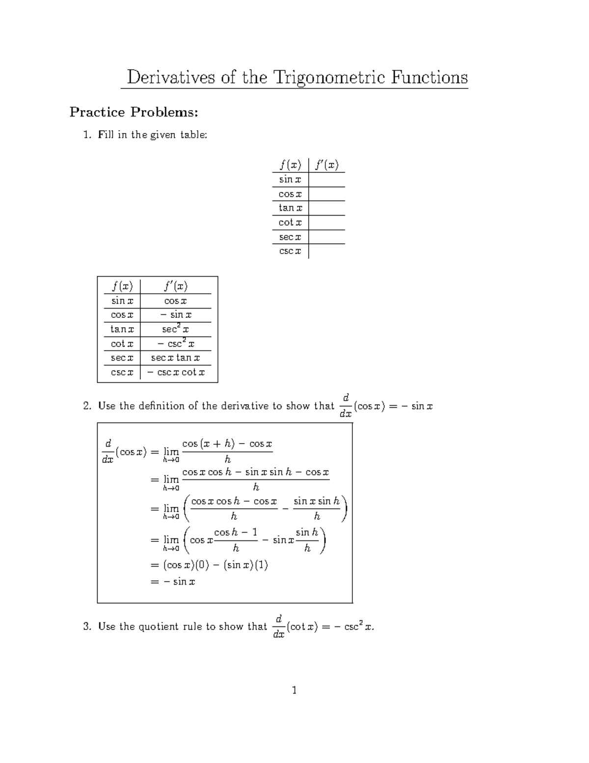 Trig Derivatives Practice Problems: Solutions and Explanations - Studocu