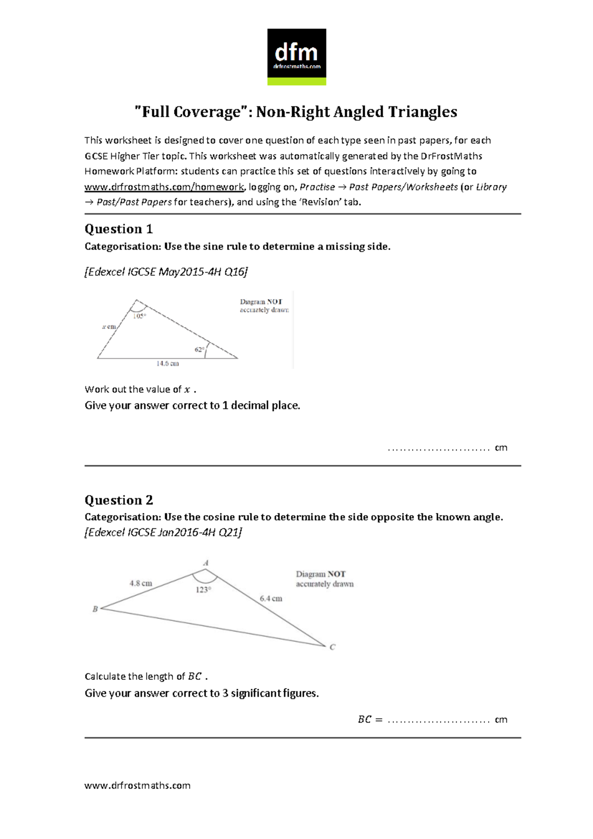 Non Right Angled Triangles: IGCSE & GCSE Practice Worksheet - Studocu