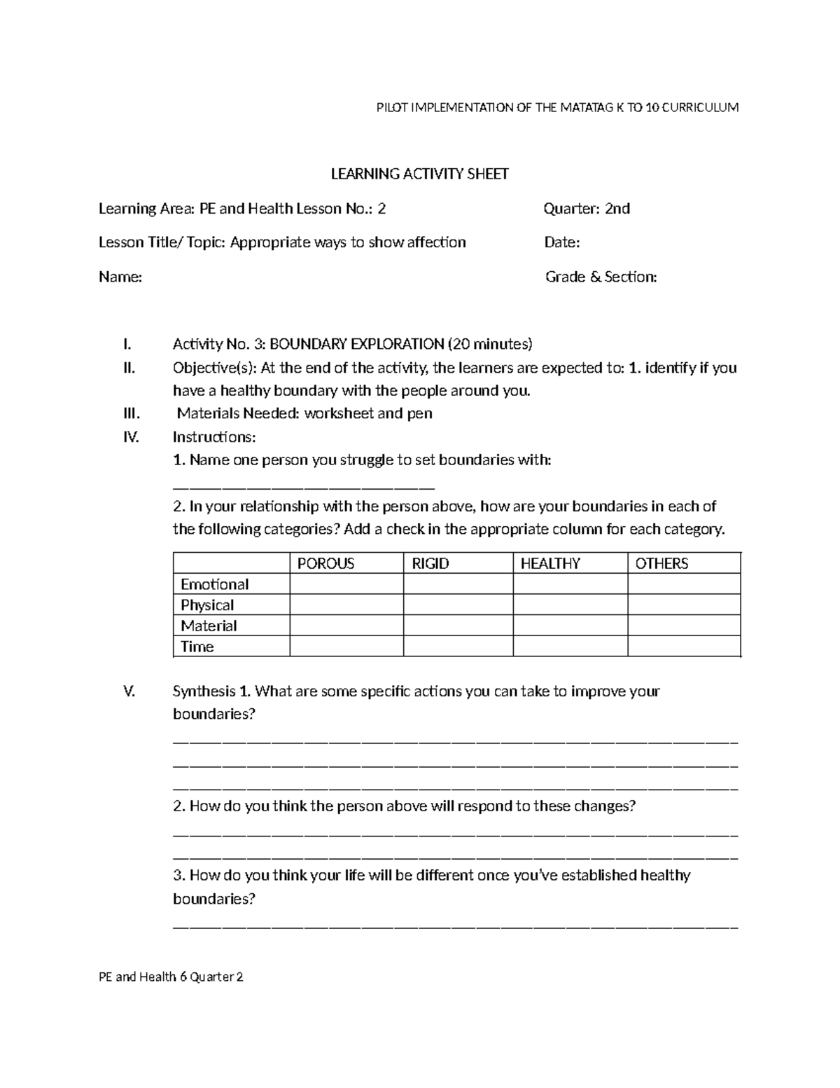 PE and Health 6 Q2: Boundary Exploration Learning Activity Sheet - Studocu