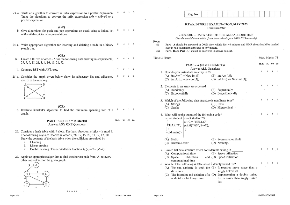 21CSC201J DSA1 - Sample Question Paper - Data Structures and Algorithms - Studocu