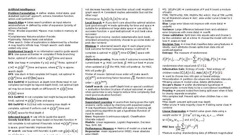 AI Problem Formulation & Search Algorithms Cheat Sheet - Studocu