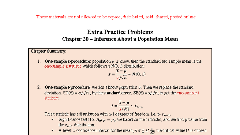Extra Practice Problems for Chapter 20: Inference About Population Mean ...