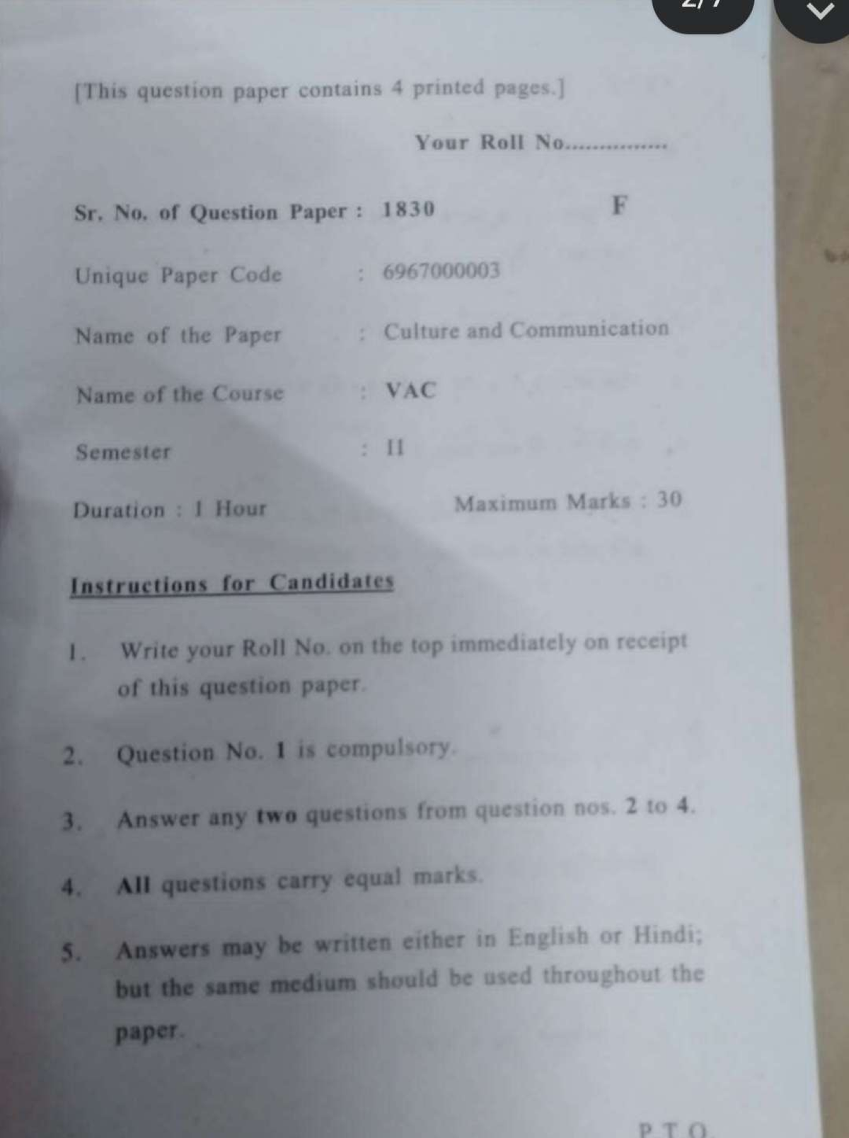 VAC 1830 Culture and Communication Question Paper - Semester 11 - Studocu