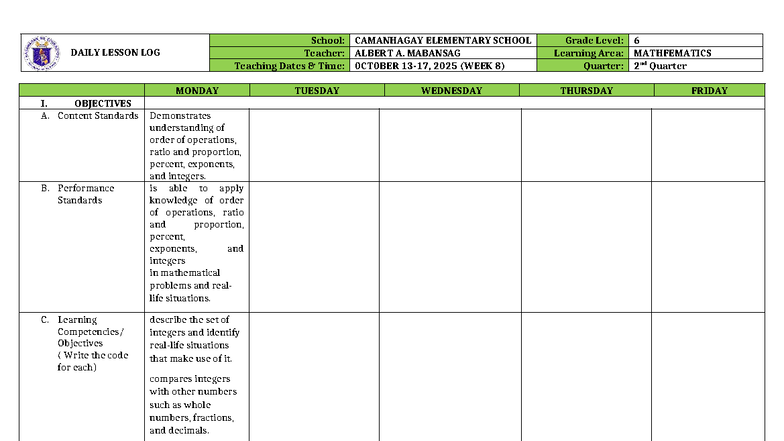 DLL MATH 6 WEEK 8 - LESSON LOG ON OPERATIONS & INTEGERS - Studocu