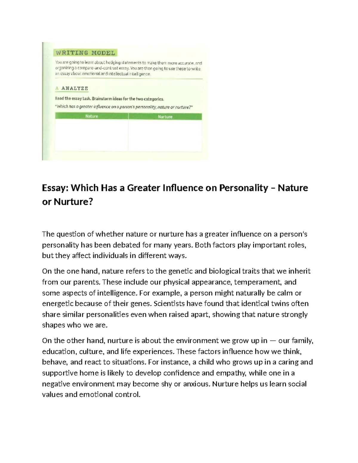 Essay 1: Nature vs. Nurture's Impact on Personality Development - Studocu