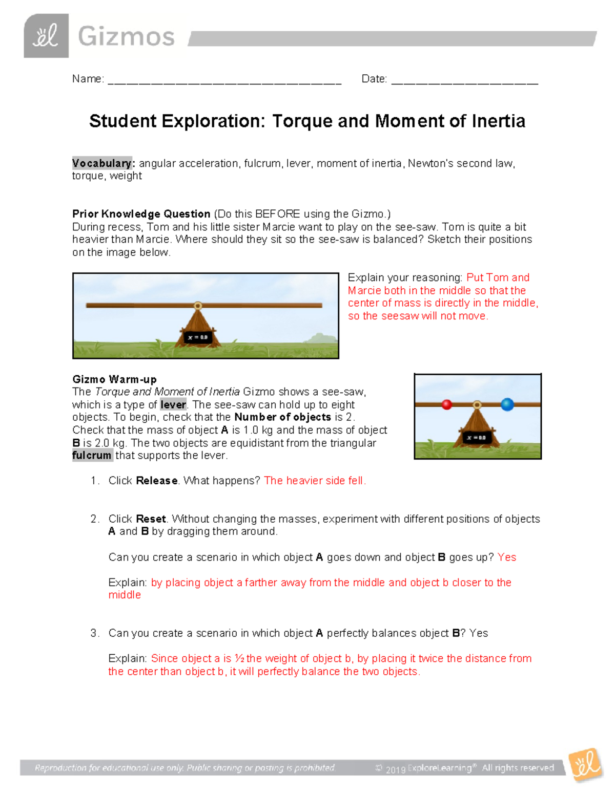 Exploration of Torque and Moment of Inertia in Physics Gizmo Activity ...