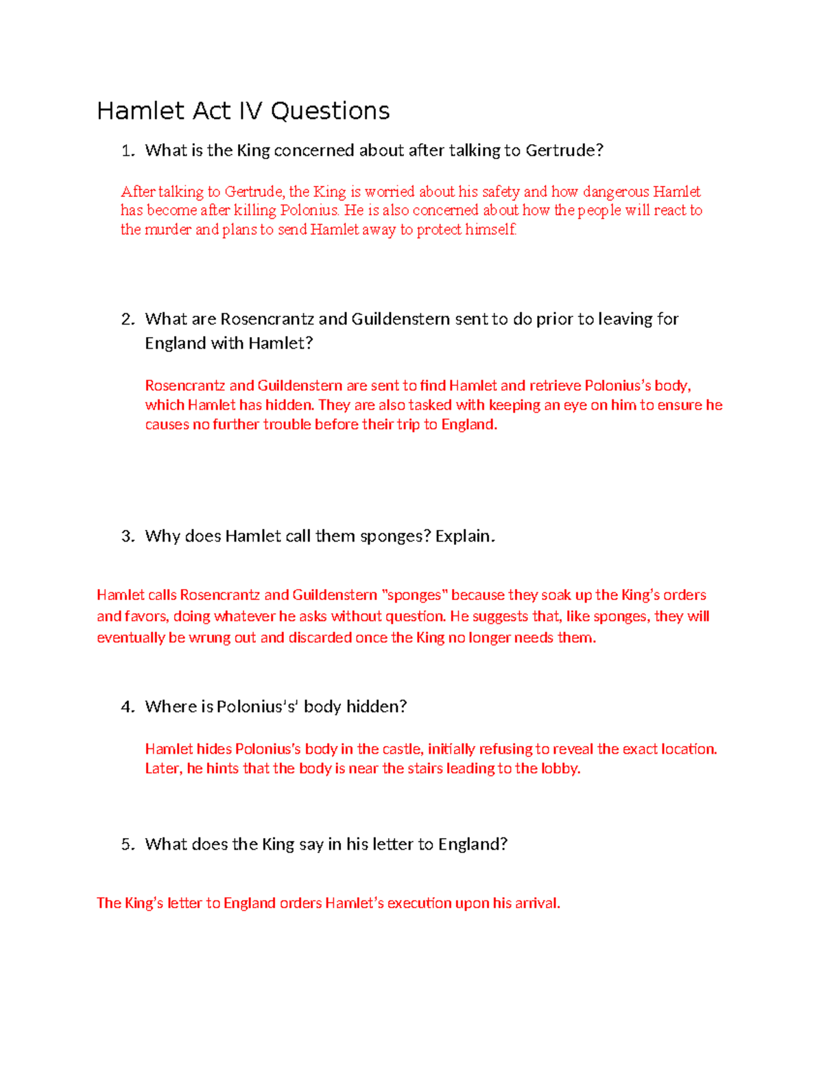 Hamlet Act IV Questions - What is the King concerned about after ...