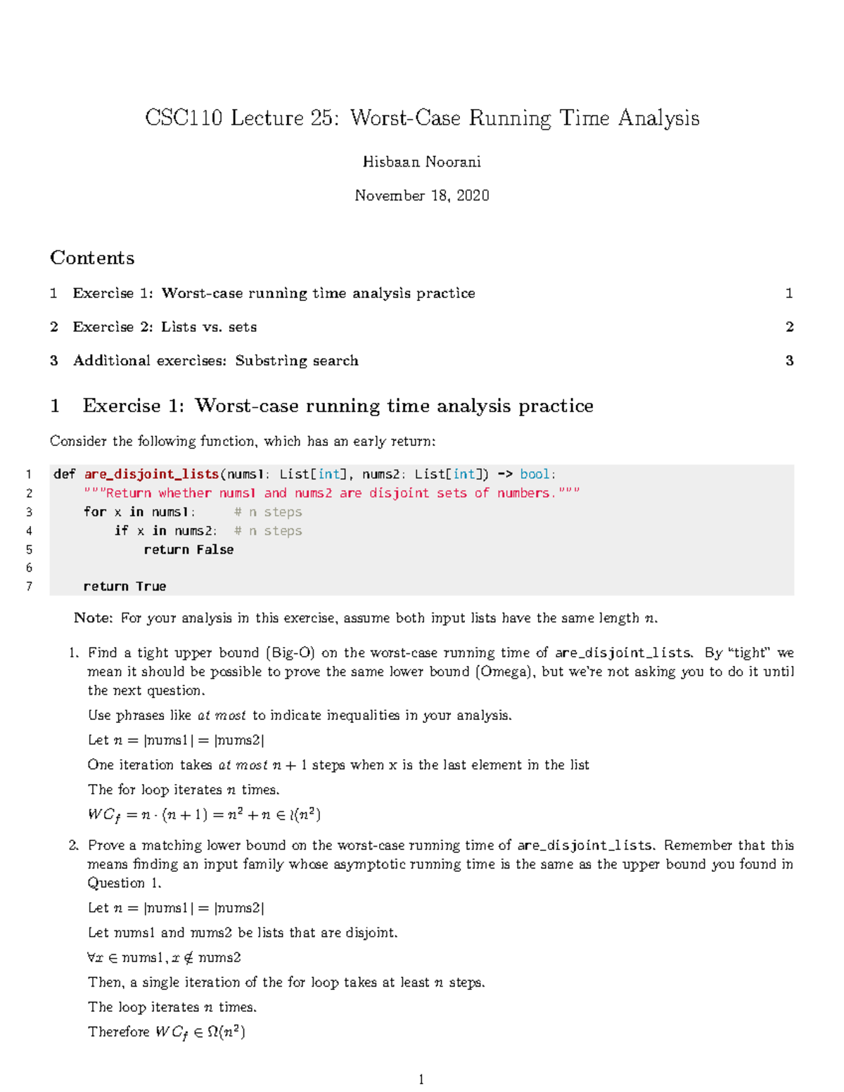 Lecture-25-exercises - CSC110 Lecture 25: Worst-Case Running Time Analysis Hisbaan Noorani ...