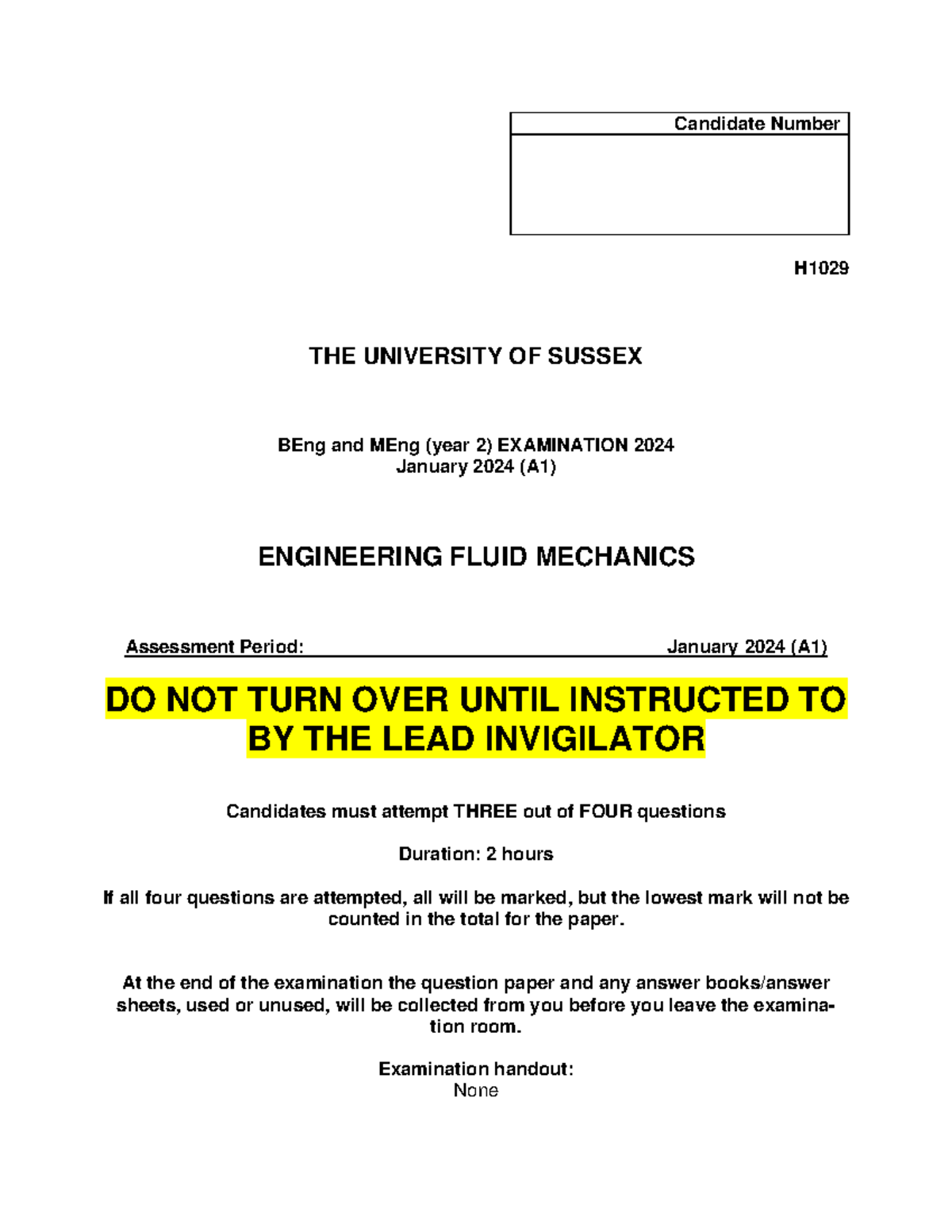H1029 BEng/MEng Engineering Fluid Mechanics Exam January 2024 - Studocu