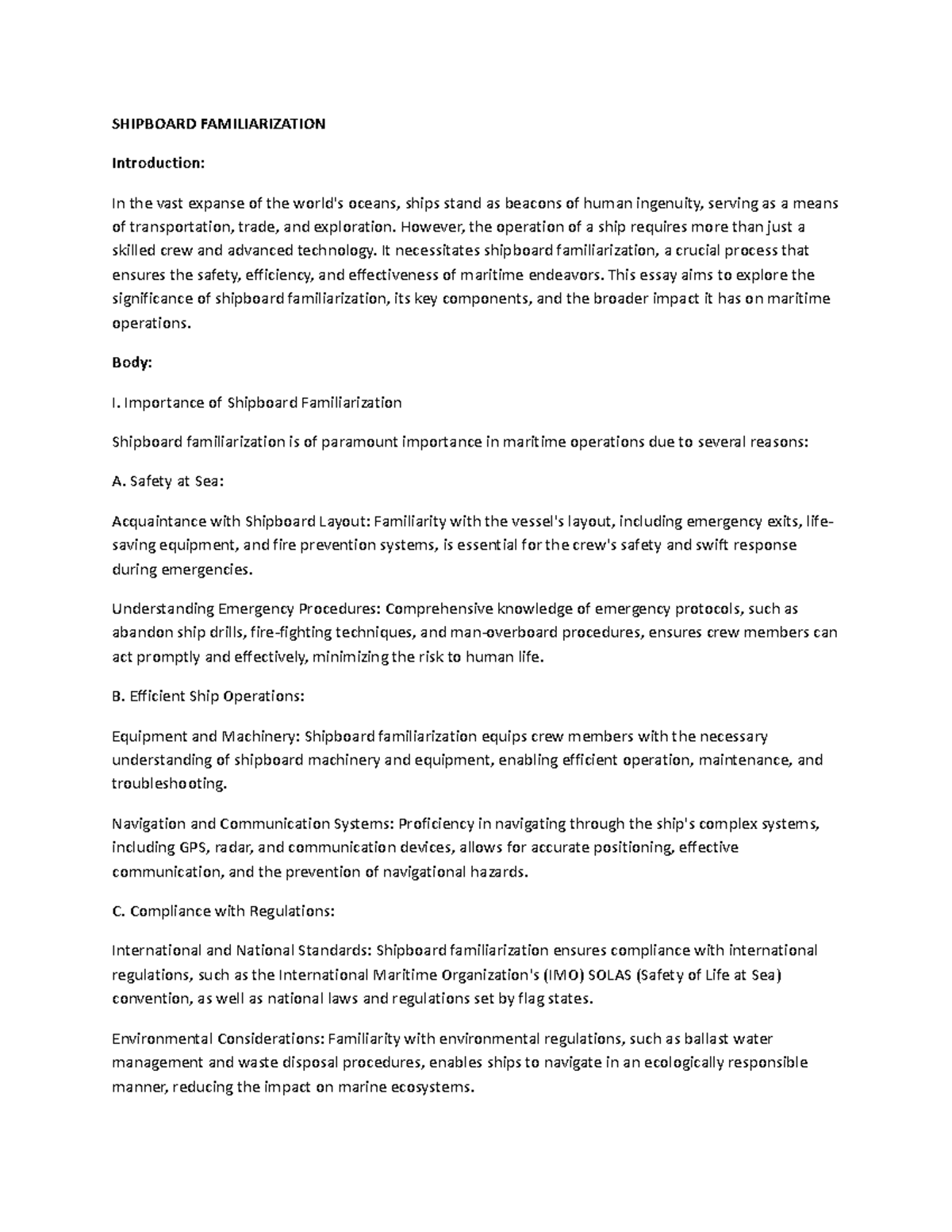 Shipboard Familiarization - SHIPBOARD FAMILIARIZATION Introduction: In ...