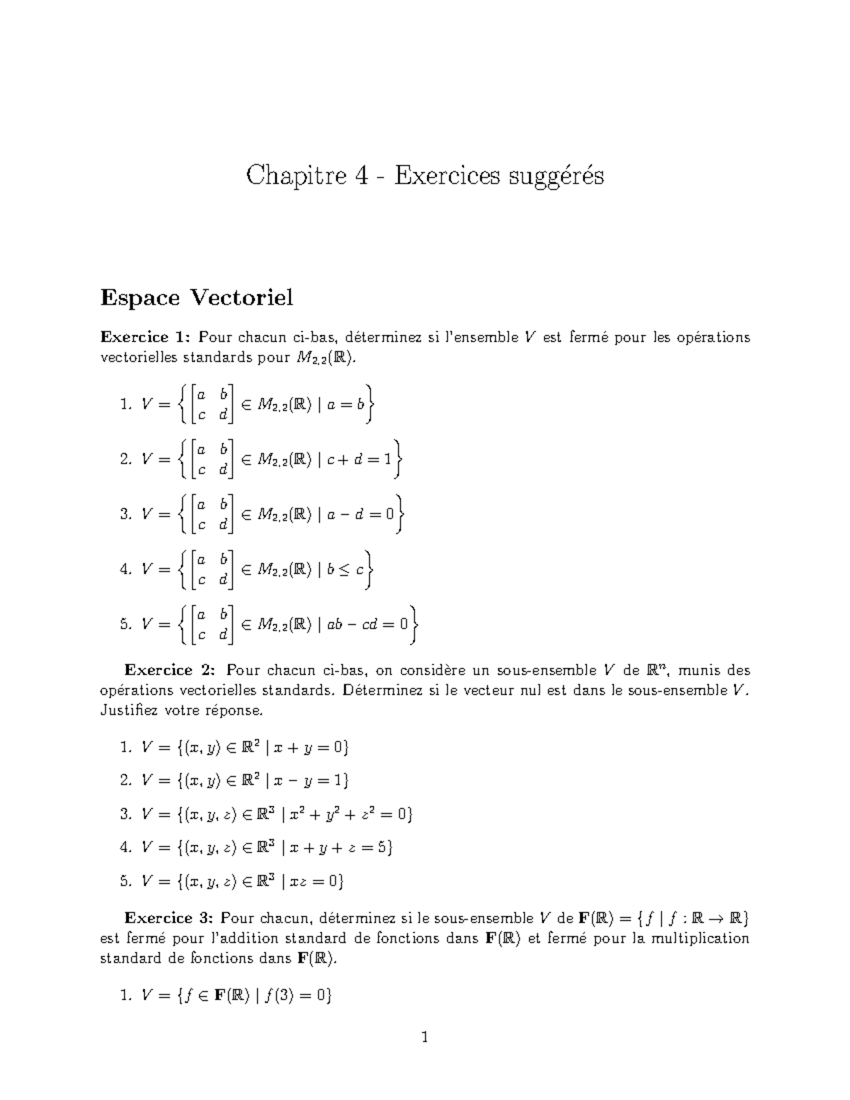 Chapitre 4 Exercices sur l'Espace Vectoriel M2,2(R) - Studocu