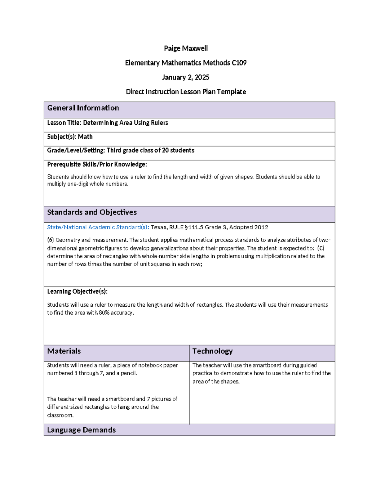 Math Methods task 1 - task 1 - Paige Maxwell Elementary Mathematics Methods C January 2, 2025 ...
