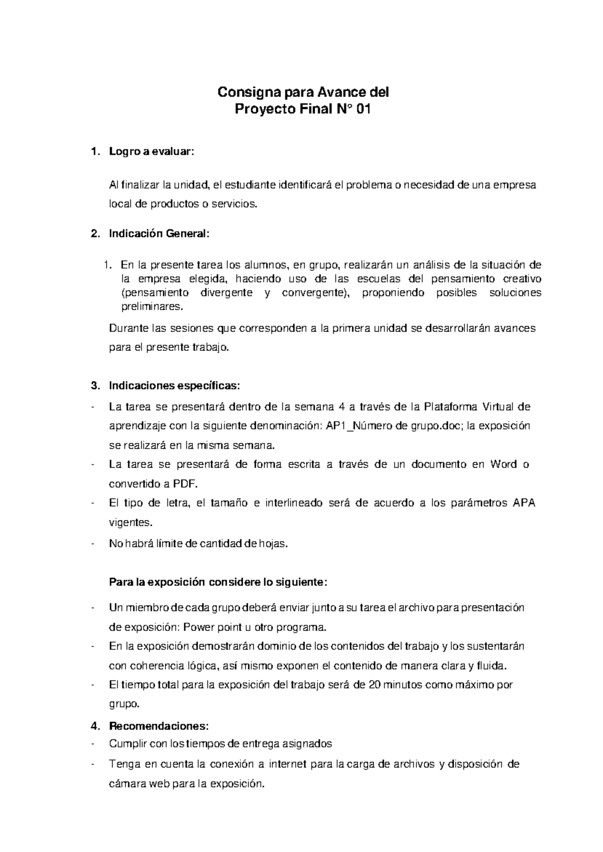 Consigna para Avance del Proyecto Final APF1 - Creatividad Empresarial - Studocu