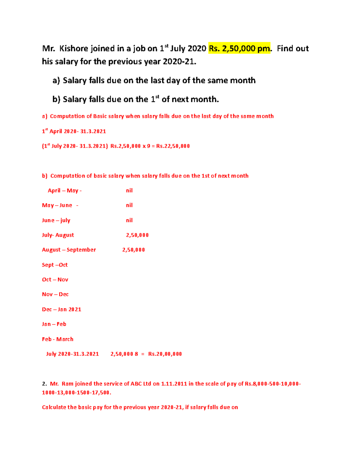 Solved problems on Basic salary coputation 25 - Mr. Kishore joined in a ...