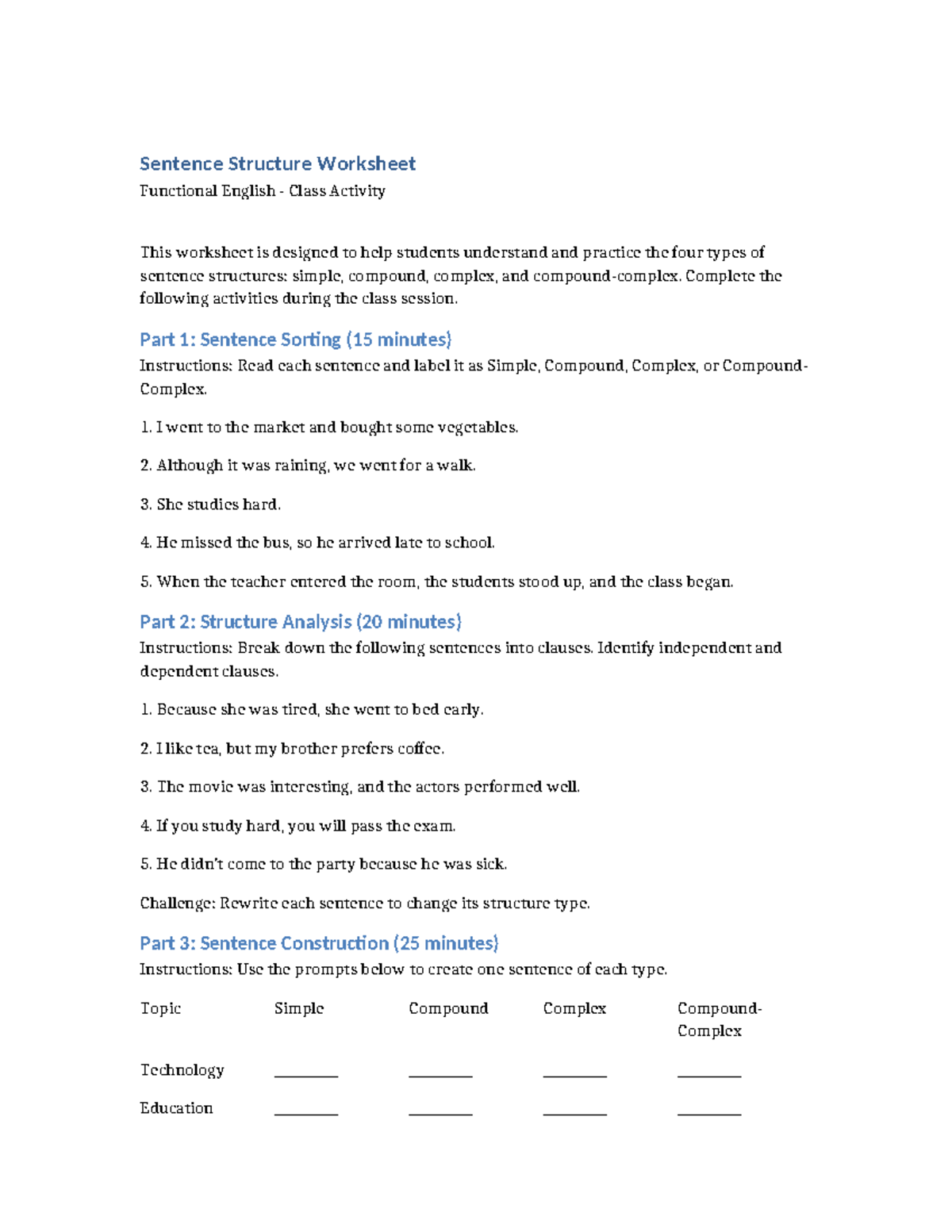 Sentence Structure Worksheet: Functional English Activity - Studocu