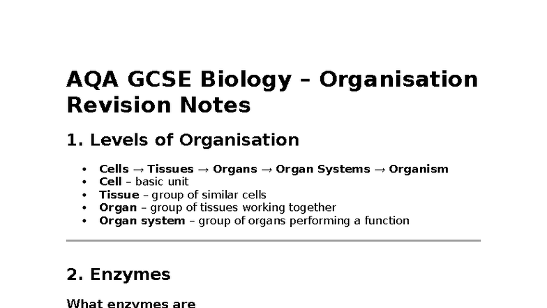 AQA GCSE Biology Revision Notes: Organisation and Enzymes - Studocu