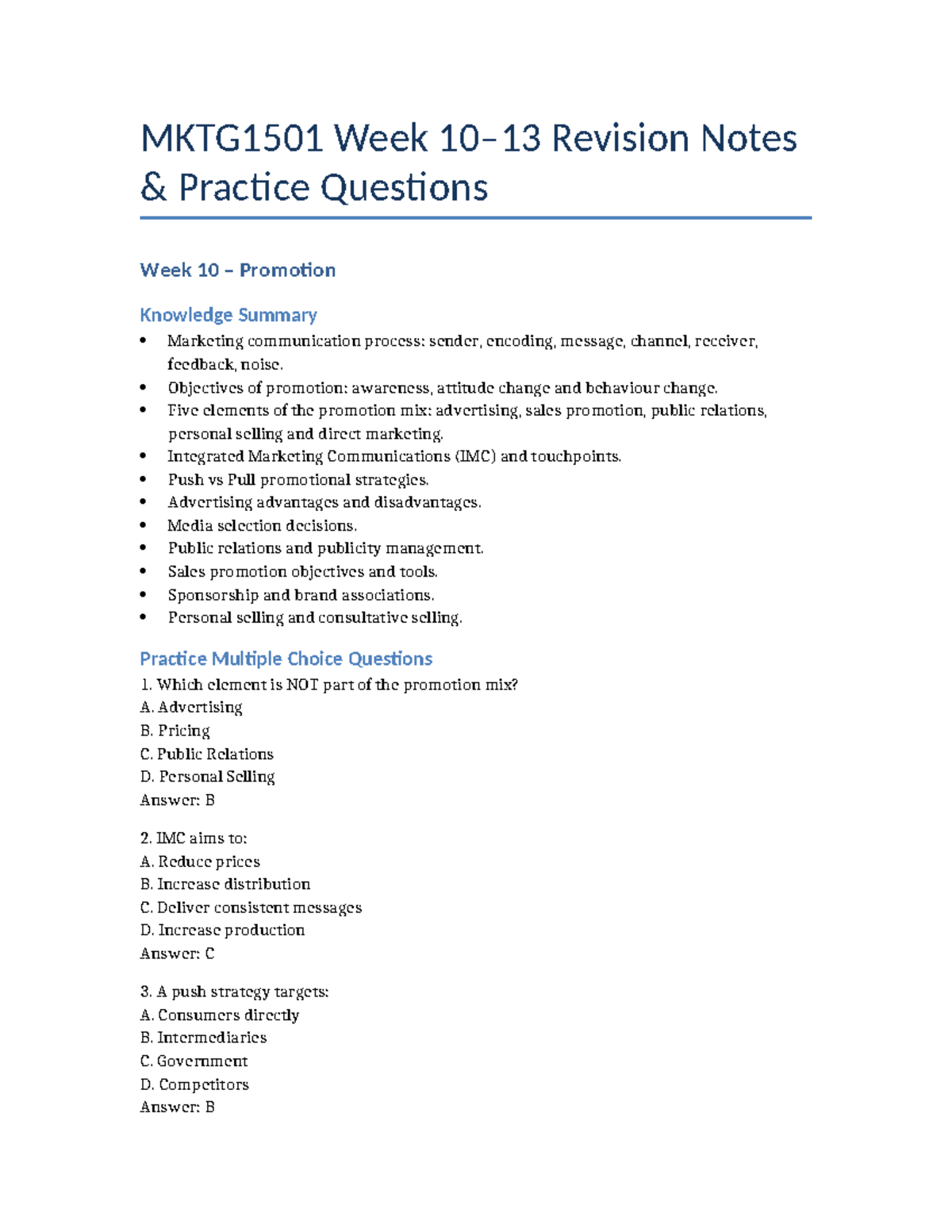 MKTG1501 Week 10-13 Revision Notes & Practice Questions Summary - Studocu