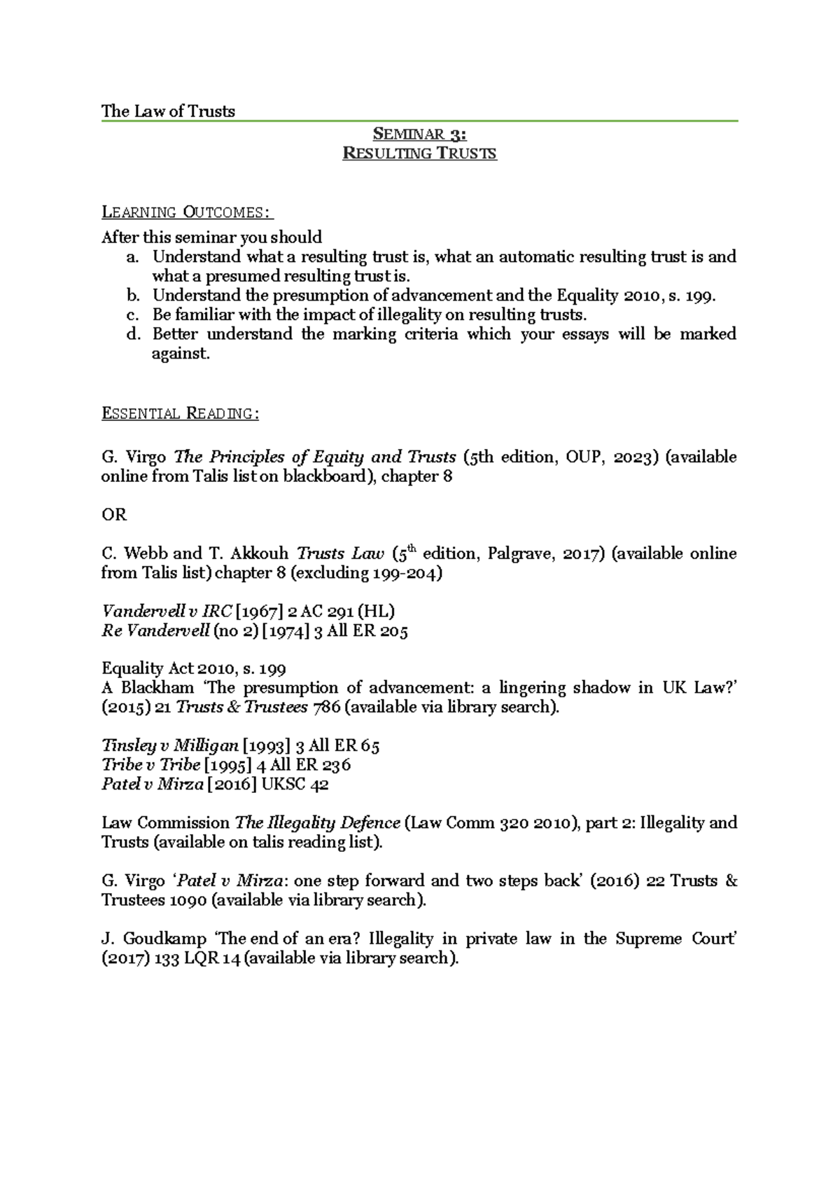 Understanding Resulting Trusts: Seminar 3 on Trust Law Concepts - Studocu