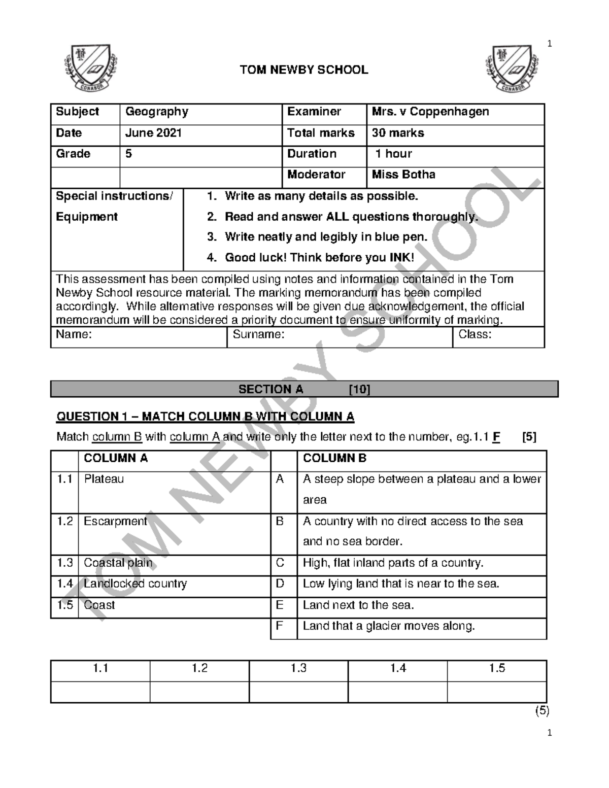 Grade 5 Geography Exam - June 2021 Assessment Details and Questions ...
