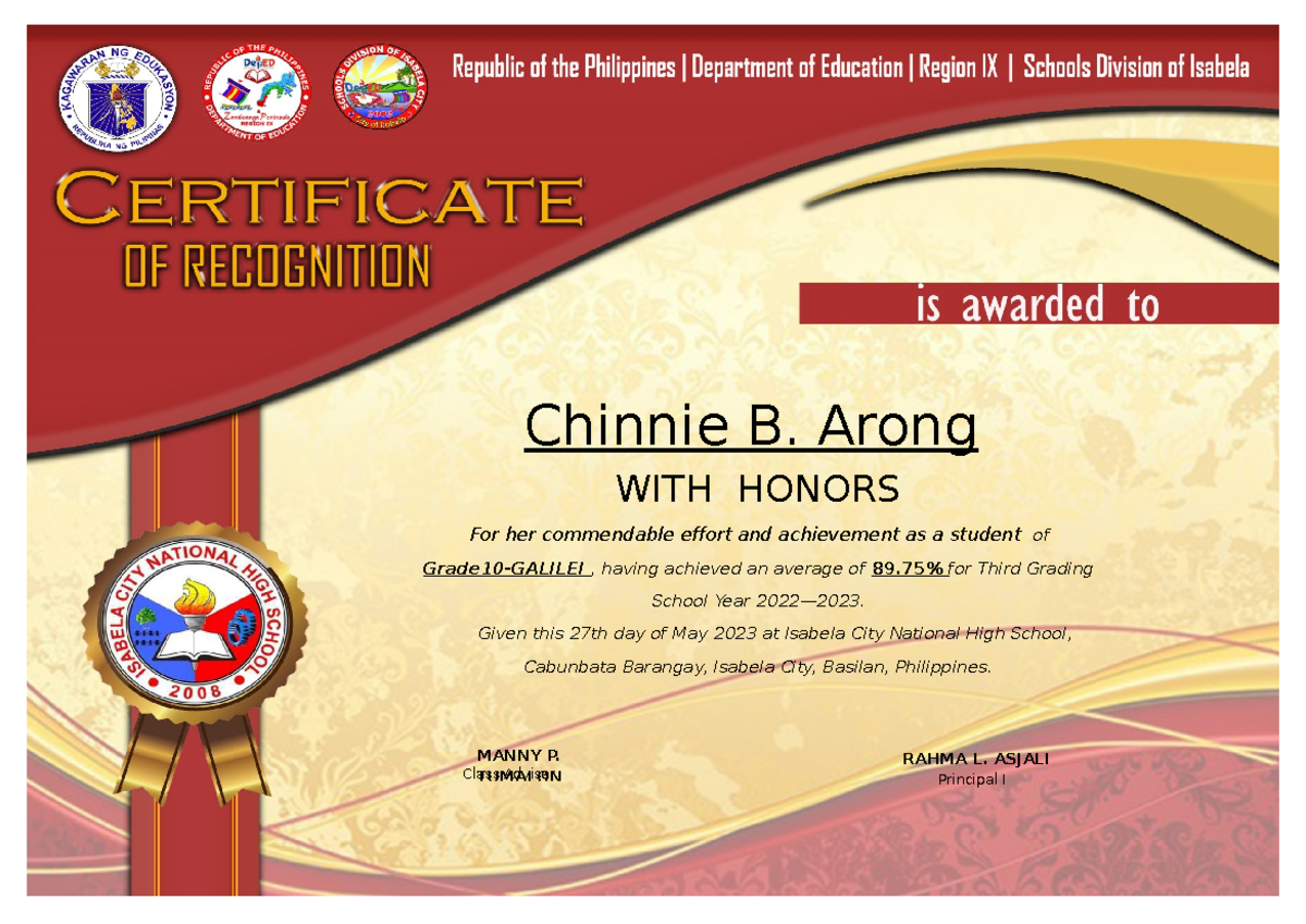 Certificate - Araling Panlipunan 8 - Chinnie B. Arong WITH HONORS For ...