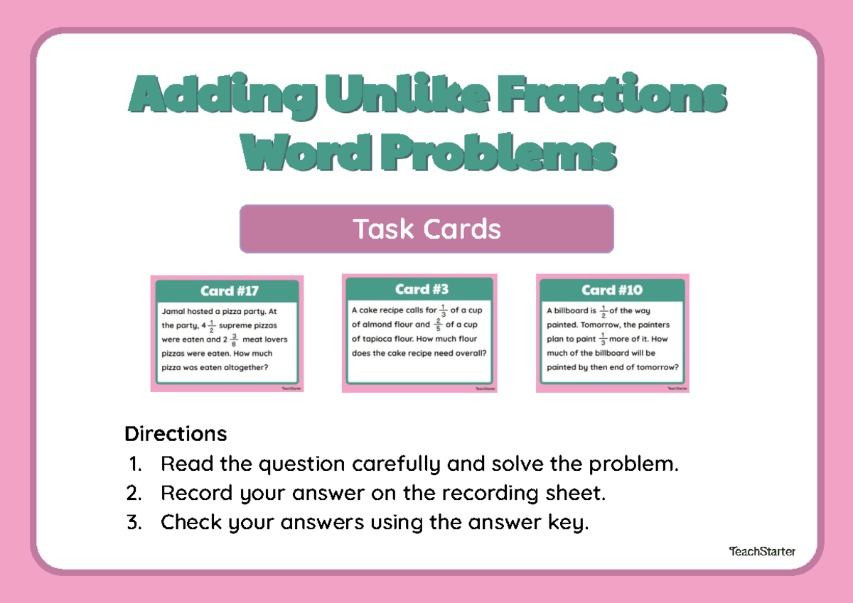 Adding Unlike Fractions Word Problems Task Cards (Printable PDF) - Studocu