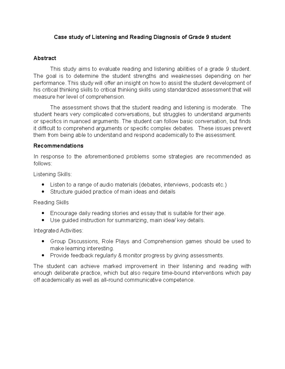 Pending CASE Study - Case study of Listening and Reading Diagnosis of Grade 9 student Abstract ...
