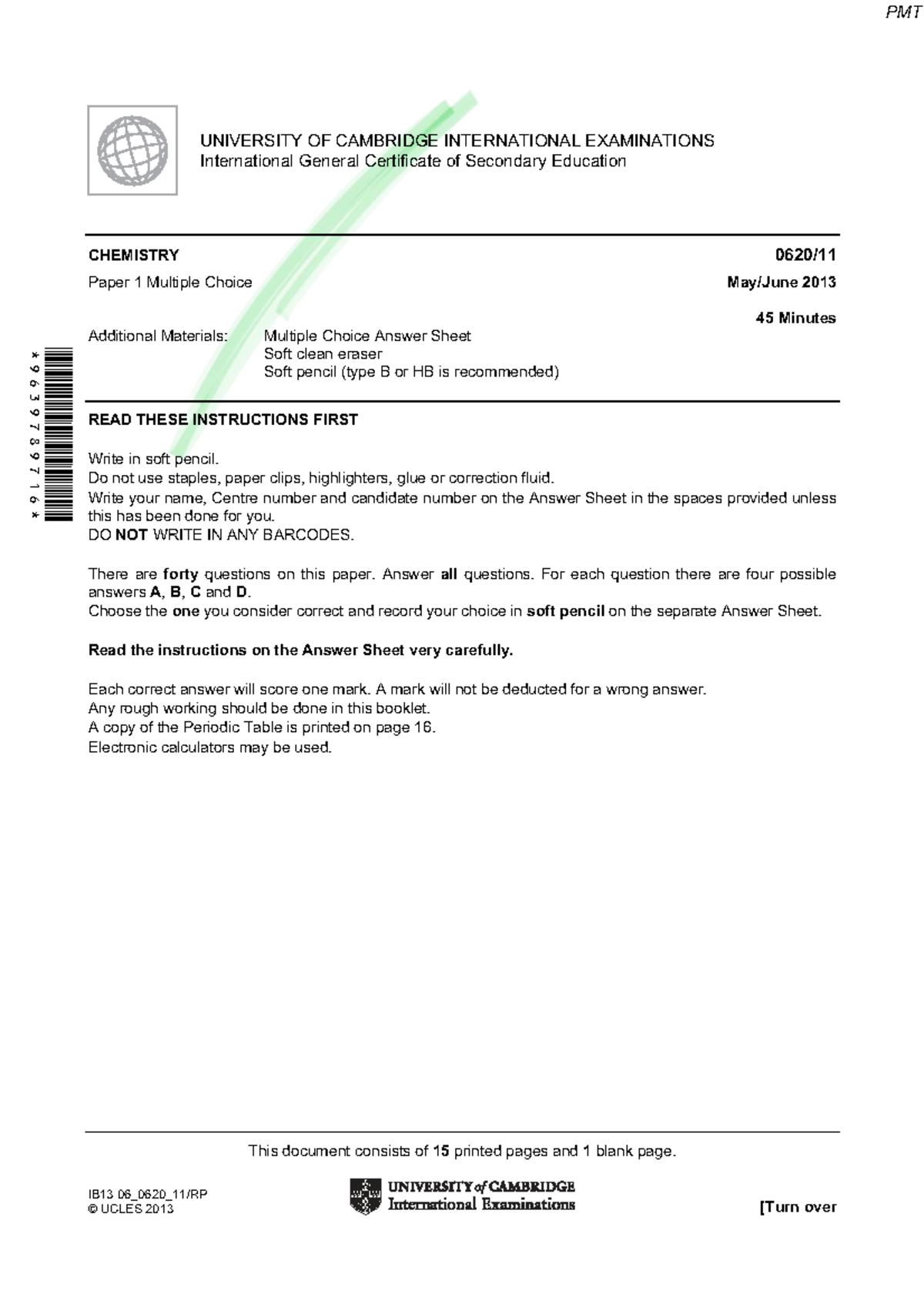 IGCSE CHEMISTRY Paper 1 MCQ - June 2013 (45 Min) - Studocu