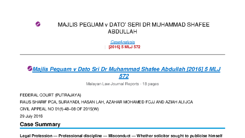 MAJLIS PEGUAM v SERI DR MUHAMMAD SHAFEE ABDULLAH: Case Analysis 5 MLJ ...