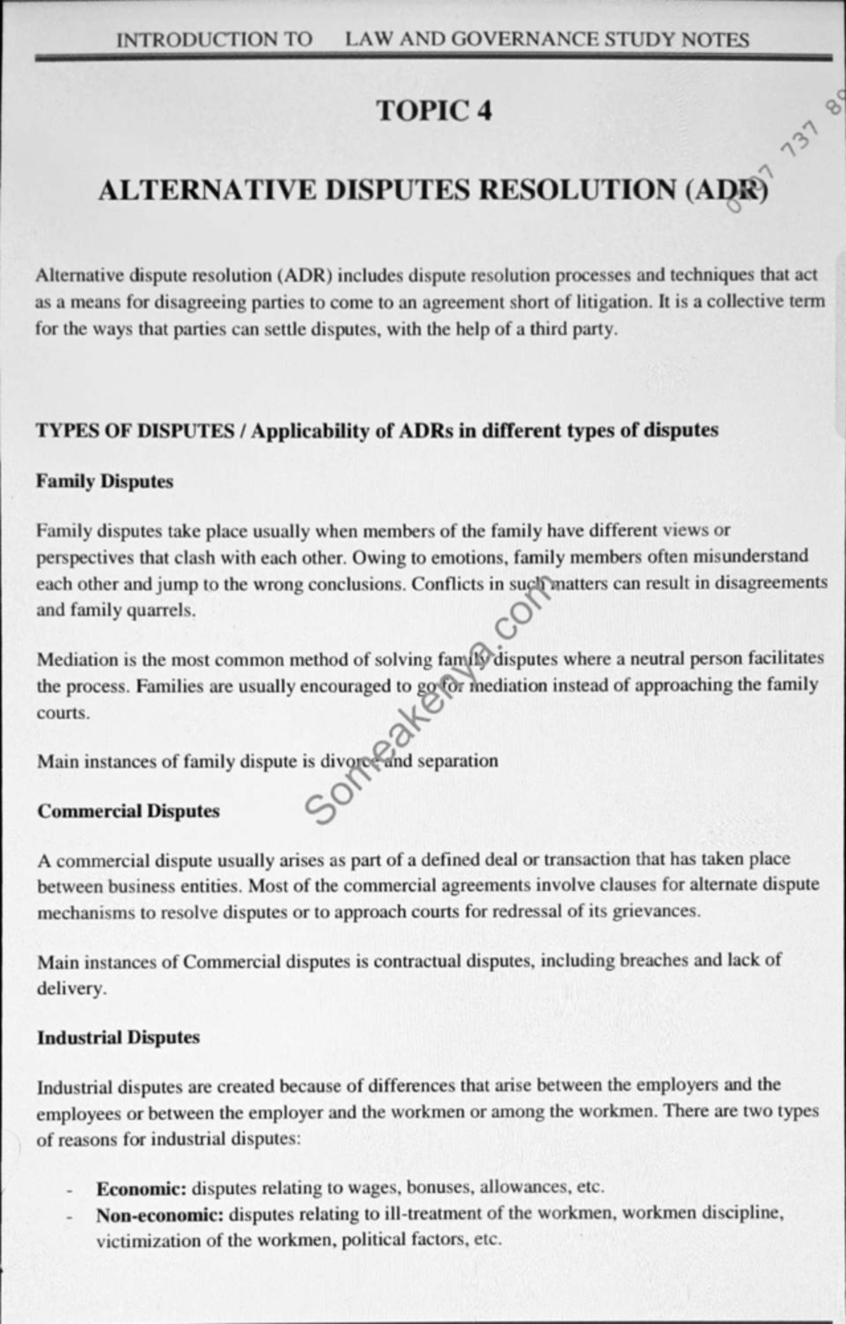 LAW AND GOVERNANCE STUDY NOTES: TOPIC 4 - ALTERNATIVE DISPUTE ...