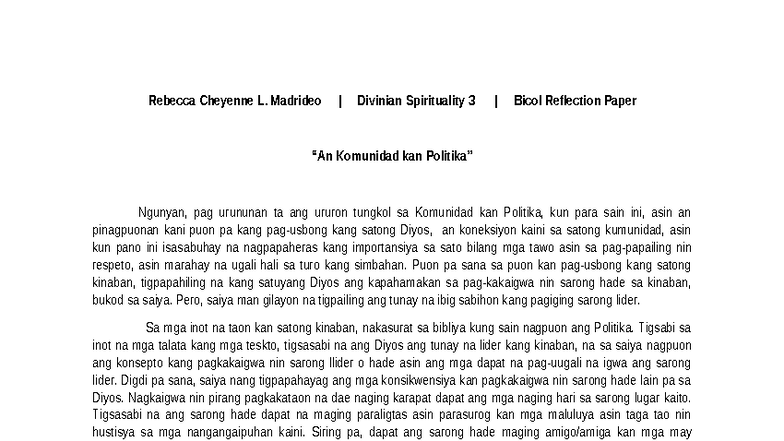Bicol 3 Reflection Paper on Divinian Spirituality and Politics - Studocu