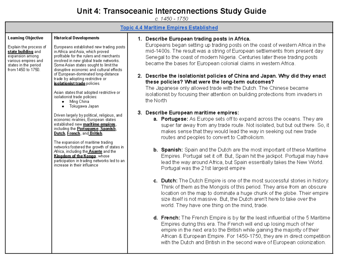AP World History Unit 4.4 Study Guide - Unit 4: Transoceanic ...