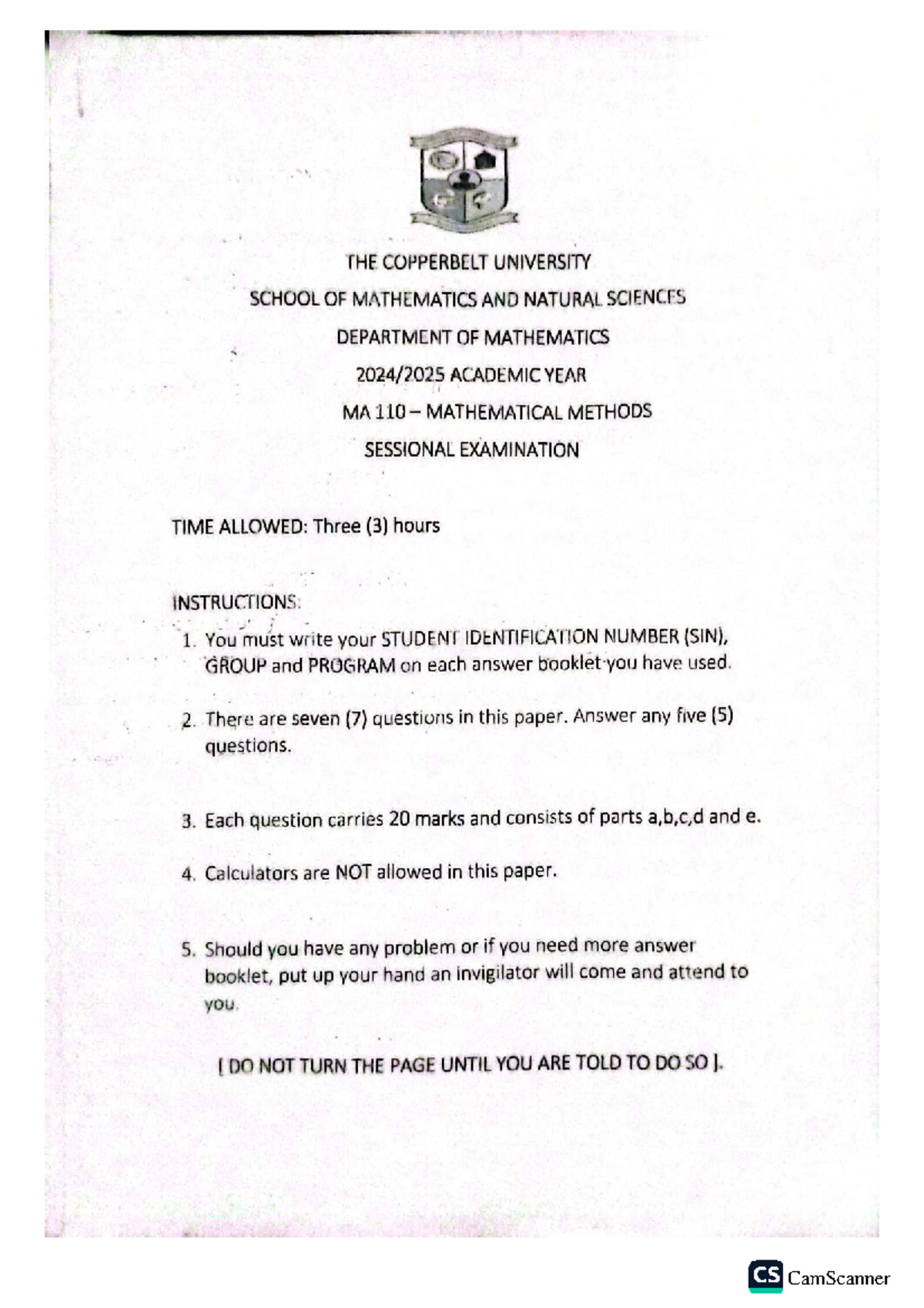 MA 110 2025 Sessional Examination: Mathematical Methods - Studocu