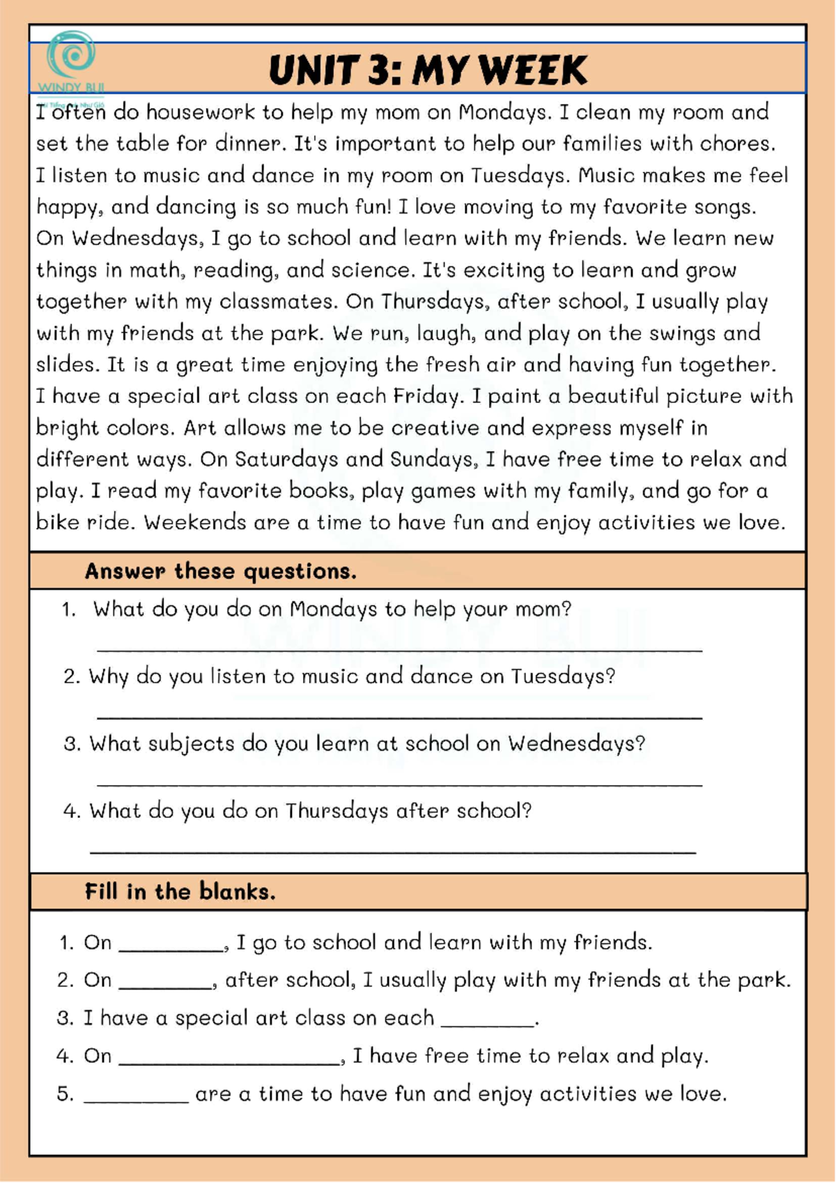 UNIT 3: MY WEEK - READING COMPREHENSION (TRANG) - Studocu