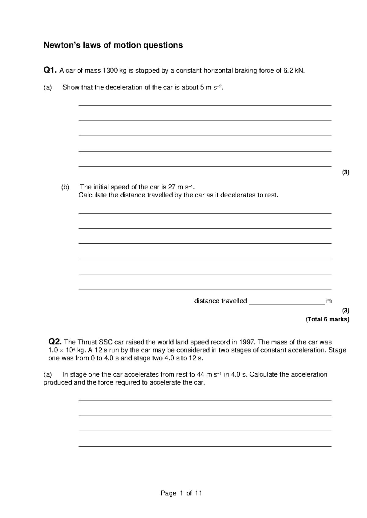 Newtons Laws of Motion Questions - Physics 101 - Studocu