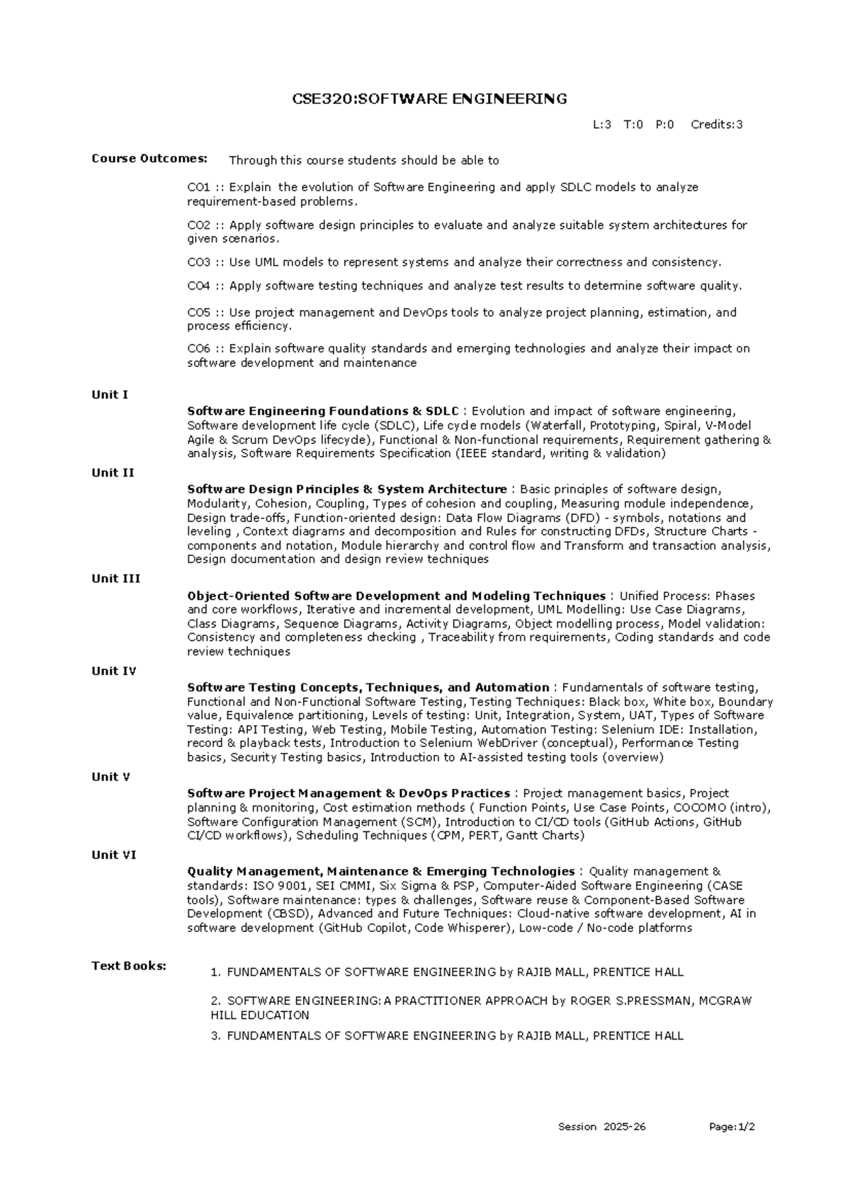 CSE320: Software Engineering Course Outcomes and Syllabus Overview - Studocu