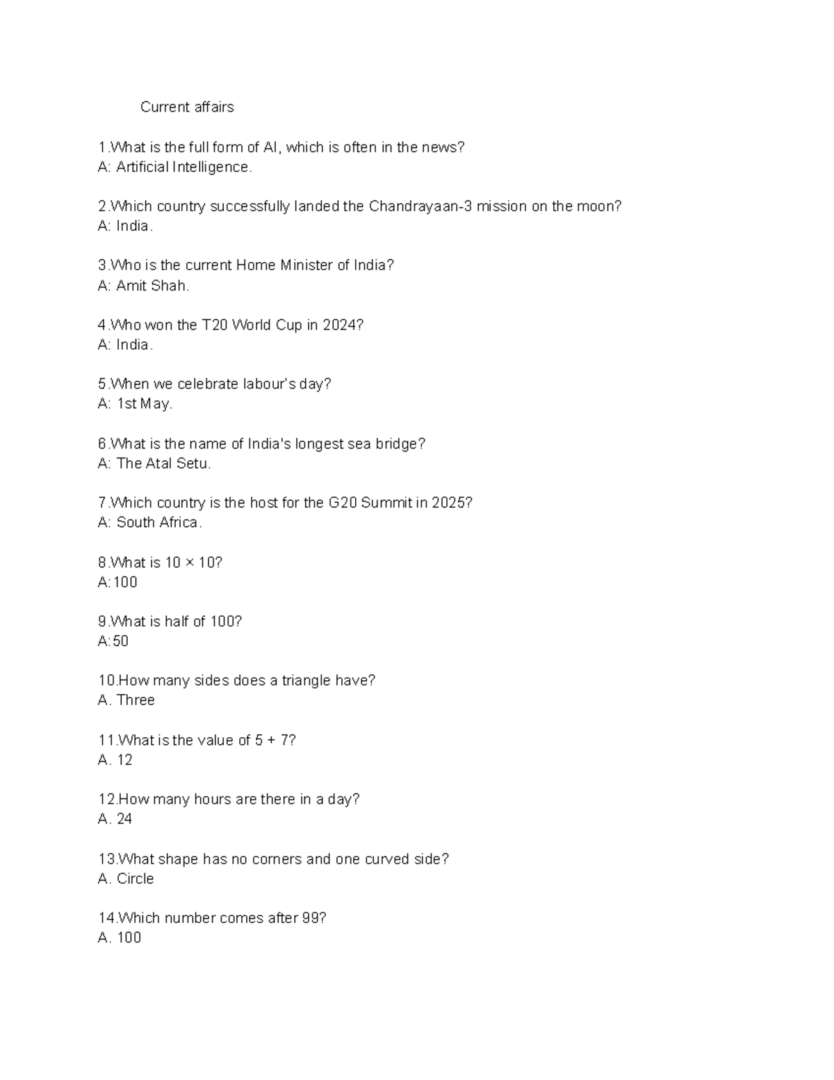 Current Affairs 3 - Basic General Knowledge Questions - Studocu
