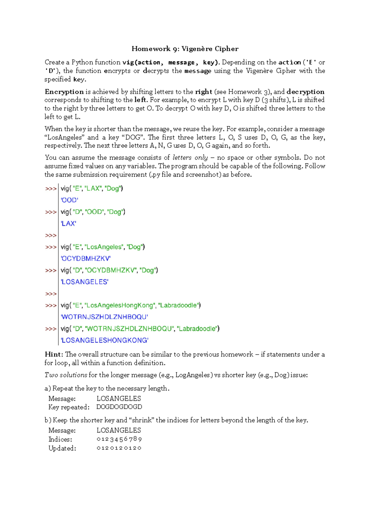 Homework 9: Implementing Vigenère Cipher in Python - Studocu