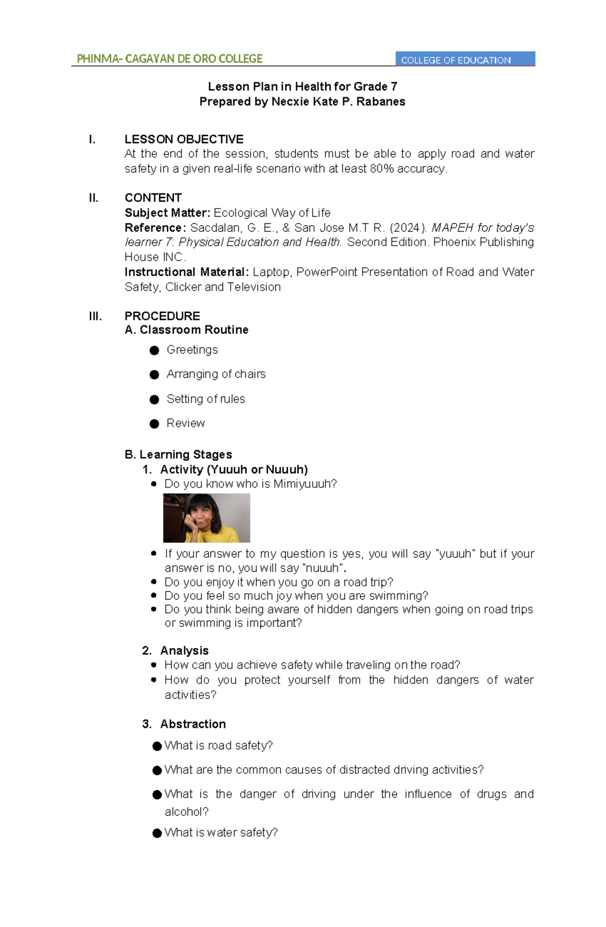 Health Lesson Plan for Grade 7: Road & Water Safety Focus - Studocu