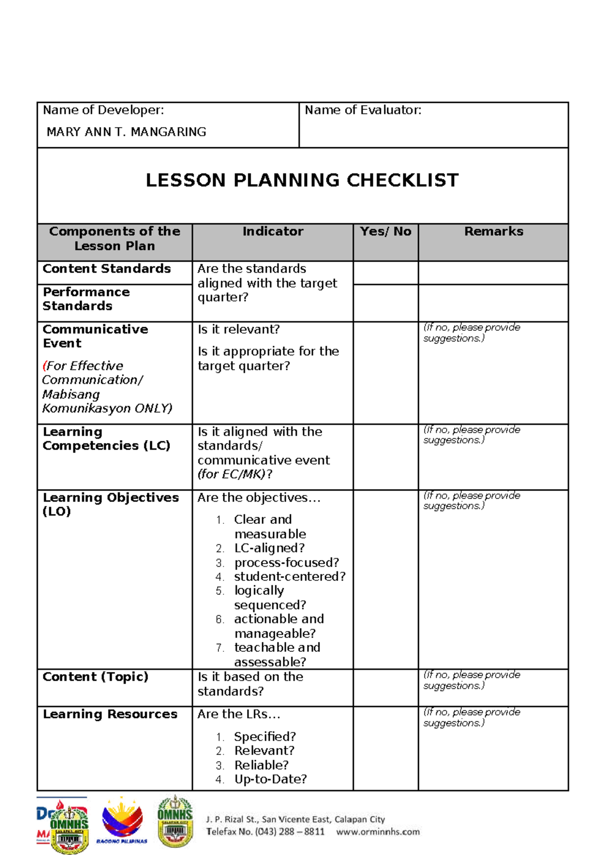 EDUC 101: MARY ANN T. MANGARING LESSON PLANNING CHECKLIST - Studocu