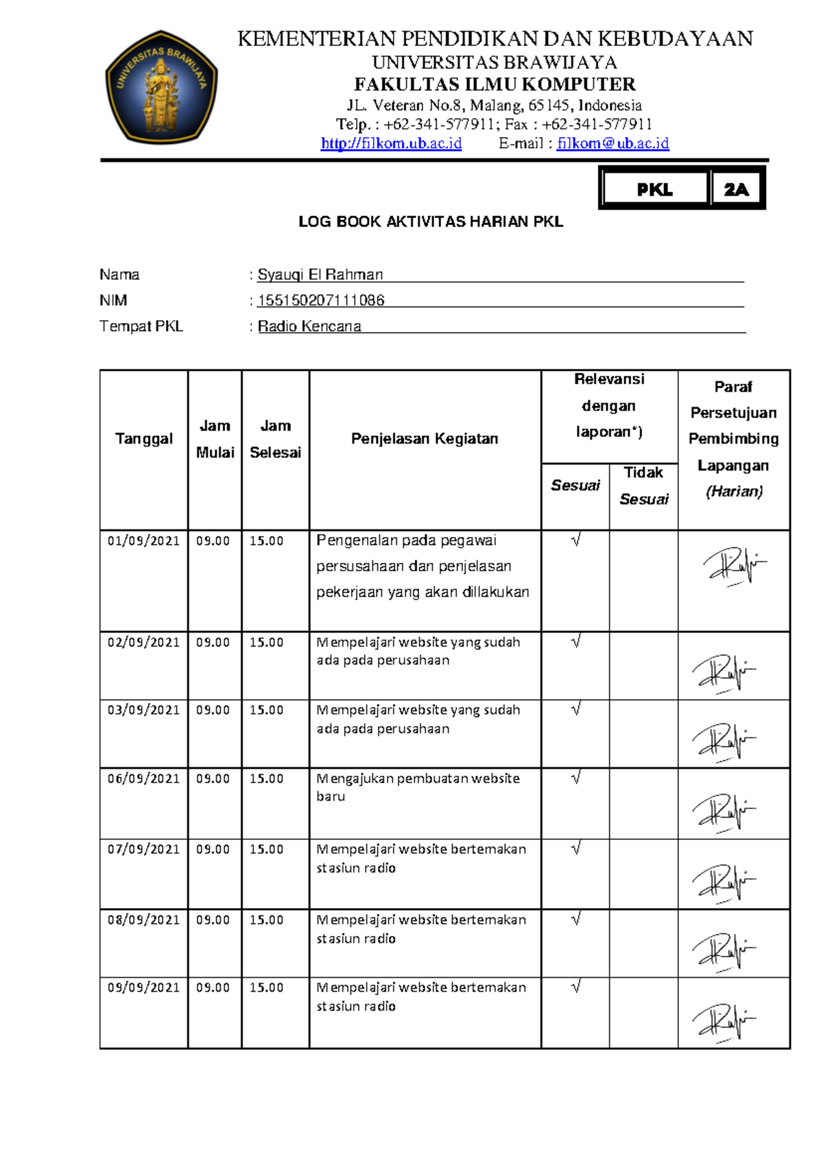 Form 2A Logbook PKL Kegiatan Harian di Radio Kencana - Studocu