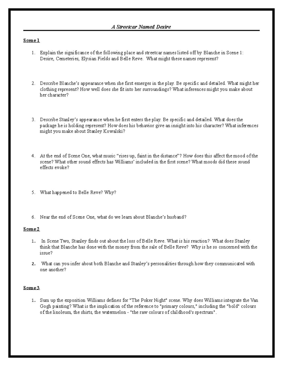 Streetcar Named Desire - Scene 1-11 Questions - A Streetcar Named ...