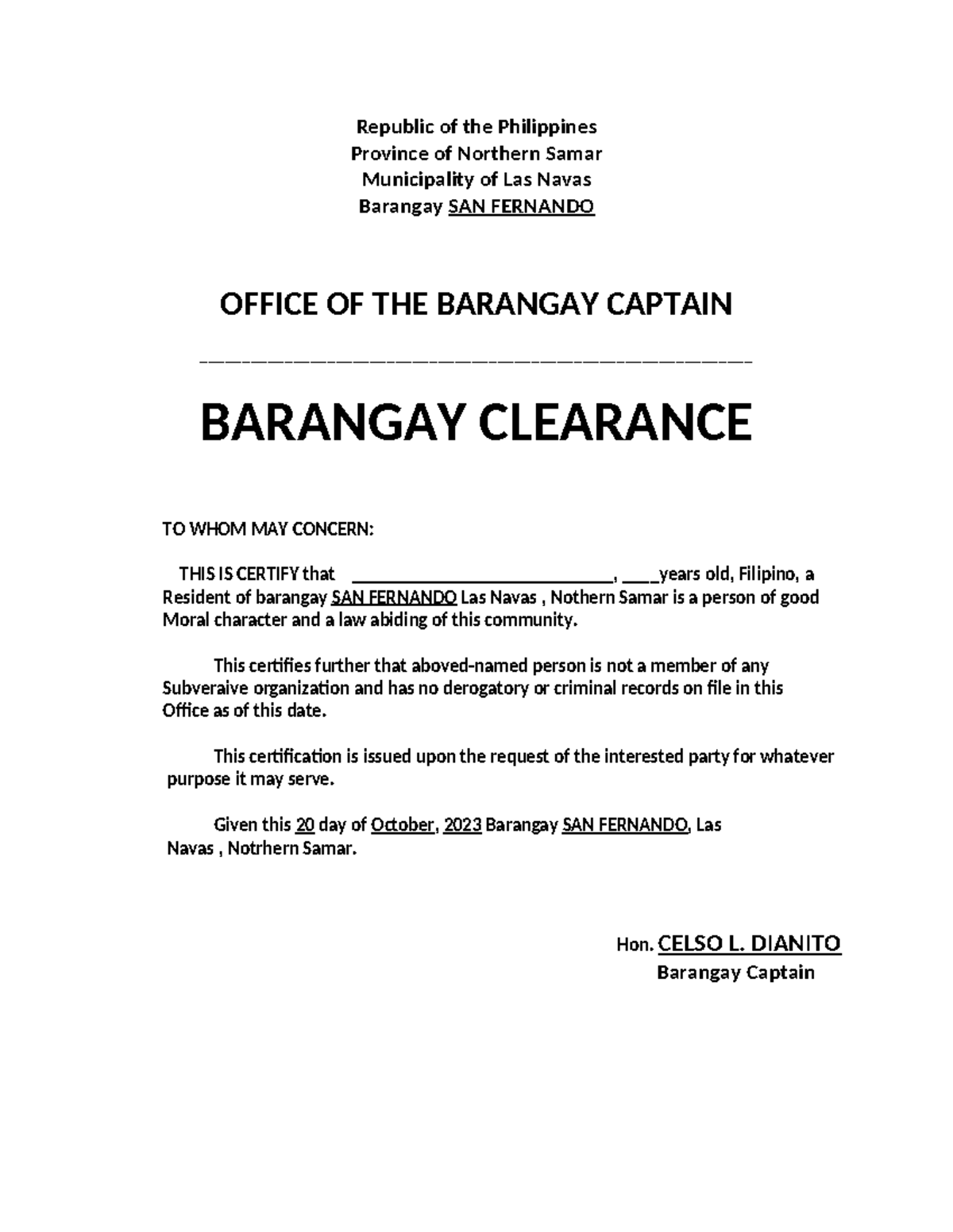 Barangay Clearance - pattern - Republic of the Philippines Province of Northern Samar ...