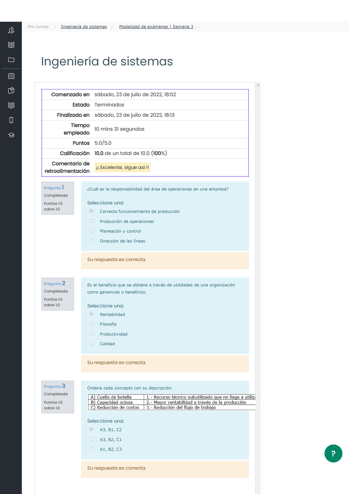 Ing en sistemas - Modalidad de exámenes Semana 3 Revisión del intento - Ingeniería de sistemas ...